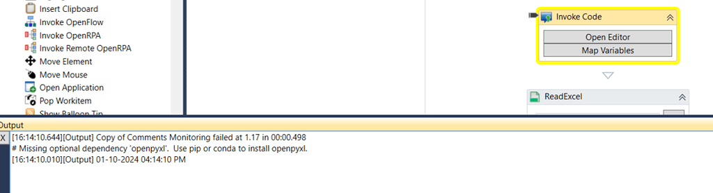 Error: Missing 'openpyxl' Dependency in Invoke Code Activity - OpenRPA - OpenIAP