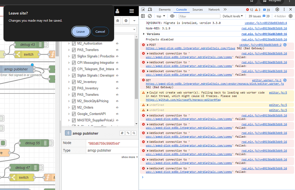 OpenFlow NodeRed agent keeps disconnecting - OpenCore - OpenIAP