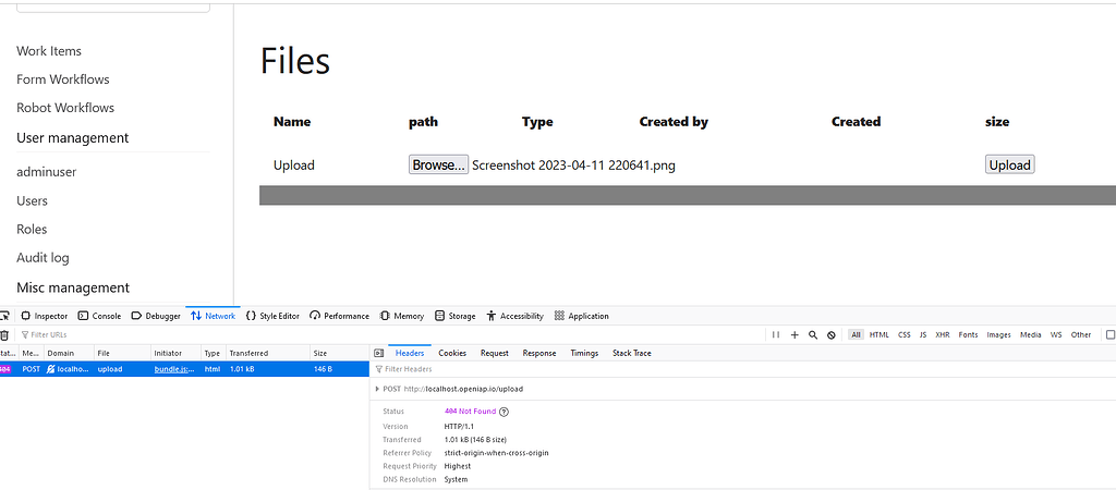 Unable to upload files to openflow using source build - OpenCore - OpenIAP